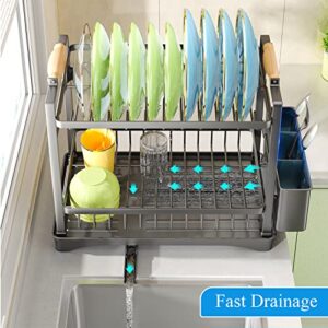 SNTD Dish Drying Rack, 2-Tier Dish Rack with Drainboard Auto Drain Spout, Kitchen Counter Dish Drainer with Utensil Holder Sink Caddy, Dish Dryer Rack Over Sink Organizer Black