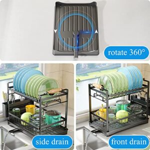 SNTD Dish Drying Rack, 2-Tier Dish Rack with Drainboard Auto Drain Spout, Kitchen Counter Dish Drainer with Utensil Holder Sink Caddy, Dish Dryer Rack Over Sink Organizer Black