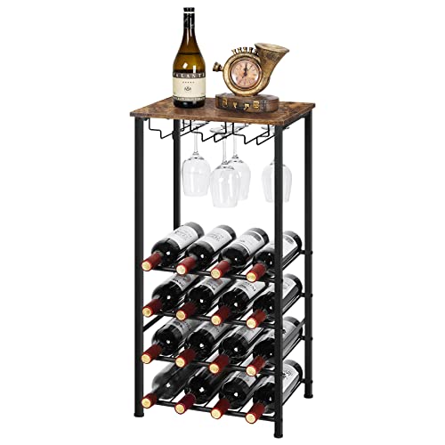 Sunexinlo Wine Rack Freestanding Floor, Wine Rack Table Hold 16 Bottles with Glass Holder, Tall Standing Metal Wine Bottle Holder Display Rack Stand