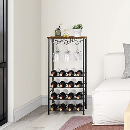 Sunexinlo Wine Rack Freestanding Floor, Wine Rack Table Hold 16 Bottles with Glass Holder, Tall Standing Metal Wine Bottle Holder Display Rack Stand