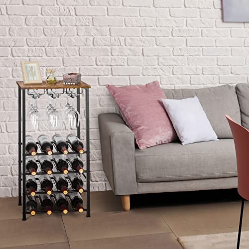 Sunexinlo Wine Rack Freestanding Floor, Wine Rack Table Hold 16 Bottles with Glass Holder, Tall Standing Metal Wine Bottle Holder Display Rack Stand