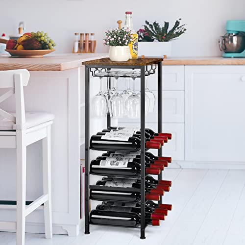 Sunexinlo Wine Rack Freestanding Floor, Wine Rack Table Hold 16 Bottles with Glass Holder, Tall Standing Metal Wine Bottle Holder Display Rack Stand