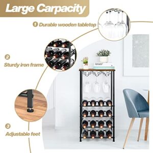 Sunexinlo Wine Rack Freestanding Floor, Wine Rack Table Hold 16 Bottles with Glass Holder, Tall Standing Metal Wine Bottle Holder Display Rack Stand