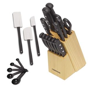 farberware 22-piece never needs sharpening triple rivet high-carbon stainless steel knife block and kitchen tool set, black