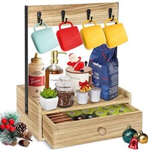 rustic coffee station organizer for counter, wood coffee mug holder stand with 8 mug hooks, coffee mug tree rack with drawer and storage shelf, coffee bar accessories organizer kitchen storage racks