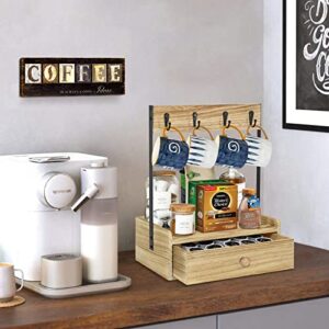 Rustic Coffee Station Organizer for Counter, Wood Coffee Mug Holder Stand with 8 Mug Hooks, Coffee Mug Tree Rack with Drawer and Storage Shelf, Coffee Bar Accessories Organizer Kitchen Storage Racks