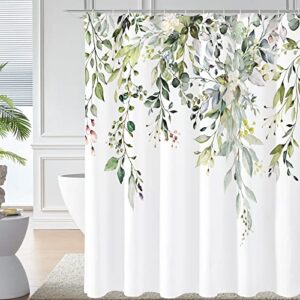 gibelle sage green eucalyptus shower curtain, watercolor plant leaves with floral bathroom decor waterproof fabric shower curtain set with hooks 72×72 inch white