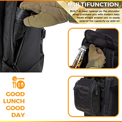 DBTAC Tactical Lunch Backpack, Large Lunch Cooler for Men Women Adult | Backpack Coolers insulated Leak Proof for Work Picnic Travel w/ Soft Easy-Clean Liner x2 (Black, 24-Cans)