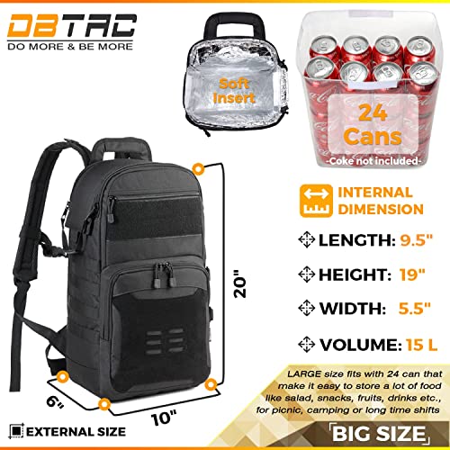 DBTAC Tactical Lunch Backpack, Large Lunch Cooler for Men Women Adult | Backpack Coolers insulated Leak Proof for Work Picnic Travel w/ Soft Easy-Clean Liner x2 (Black, 24-Cans)