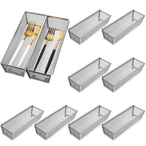 10 pack silverware drawer organizer mesh utensil organizer for kitchen drawer, silverware tray with interlocking arm narrow utensil holder for flatware spoon knife fork pen, 9 x 3 x 2 inch, silver