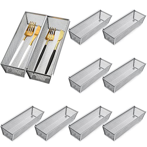 10 Pack Silverware Drawer Organizer Mesh Utensil Organizer for Kitchen Drawer, Silverware Tray with Interlocking Arm Narrow Utensil holder for Flatware Spoon Knife Fork Pen, 9 x 3 x 2 Inch, Silver