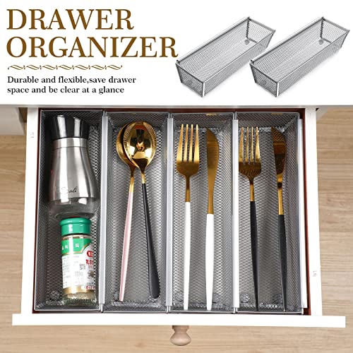 10 Pack Silverware Drawer Organizer Mesh Utensil Organizer for Kitchen Drawer, Silverware Tray with Interlocking Arm Narrow Utensil holder for Flatware Spoon Knife Fork Pen, 9 x 3 x 2 Inch, Silver