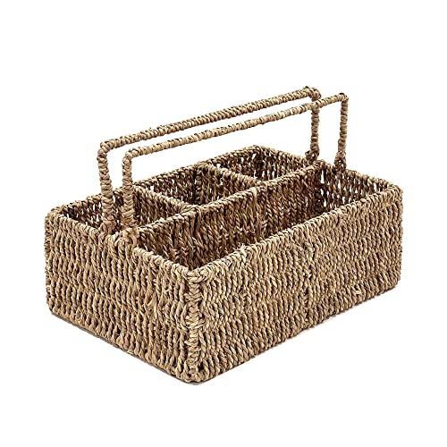 MadeTerra Large Wicker Utensil Caddy Carrier | Seagrass Woven Condiment Holder for Table - Kitchen Set Counter Top Organizer - Rustic Small Storage for Dinner Set , Wine