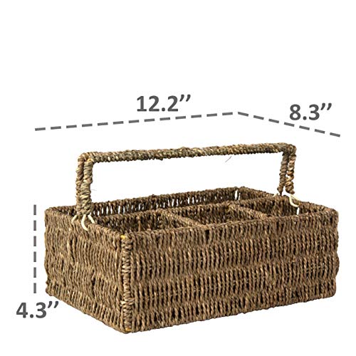 MadeTerra Large Wicker Utensil Caddy Carrier | Seagrass Woven Condiment Holder for Table - Kitchen Set Counter Top Organizer - Rustic Small Storage for Dinner Set , Wine