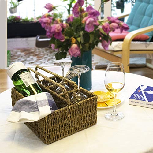 MadeTerra Large Wicker Utensil Caddy Carrier | Seagrass Woven Condiment Holder for Table - Kitchen Set Counter Top Organizer - Rustic Small Storage for Dinner Set , Wine