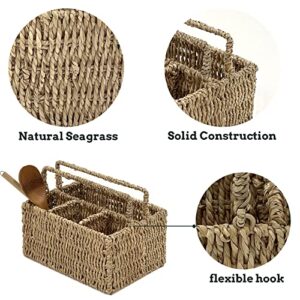 MadeTerra Large Wicker Utensil Caddy Carrier | Seagrass Woven Condiment Holder for Table - Kitchen Set Counter Top Organizer - Rustic Small Storage for Dinner Set , Wine