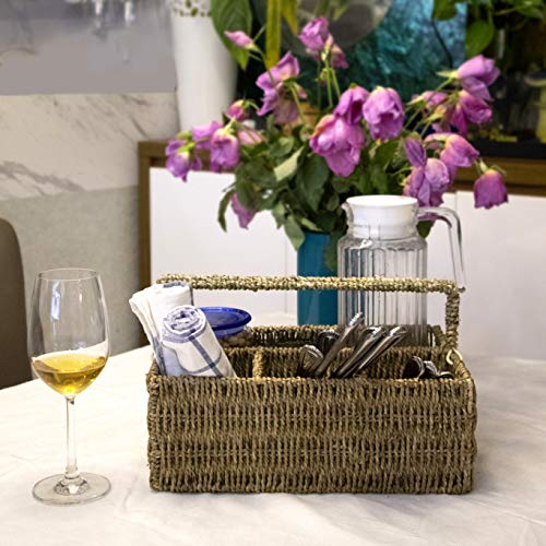 MadeTerra Large Wicker Utensil Caddy Carrier | Seagrass Woven Condiment Holder for Table - Kitchen Set Counter Top Organizer - Rustic Small Storage for Dinner Set , Wine