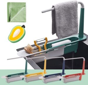 cearwany telescopic sink storage rack holder, adjustable 2 in 1 drainer basket tray sponge soap holder, expandable sink organizer holder dish cloth hanger for home kitchen, green