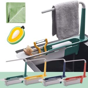 cearwany Telescopic Sink Storage Rack Holder, Adjustable 2 in 1 Drainer Basket Tray Sponge Soap Holder, Expandable Sink Organizer Holder Dish Cloth Hanger for Home Kitchen, Green