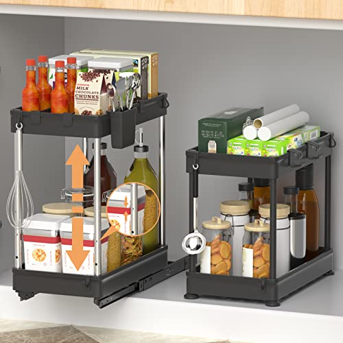 Pluspace 2 Pack Under Sink Organizer and Storage Pull Out Cabinet Organizer Bathroom Sink Organizer with Sliding Drawer Adjustable Height Kitchen Cabinet Organizer Multi-purpose Storage Shelf Black