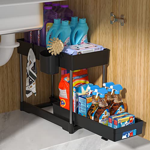 2 Tier Under The Sink Organizer,Bathroom Cabinet Organizer With Sliding Pull Out,Under Sink Organizers And Storage For Kitchen (Black,1 Pack）