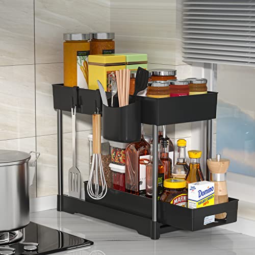 2 Tier Under The Sink Organizer,Bathroom Cabinet Organizer With Sliding Pull Out,Under Sink Organizers And Storage For Kitchen (Black,1 Pack）