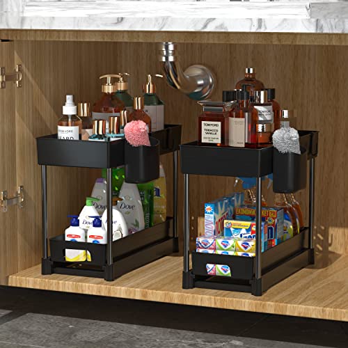 2 Tier Under The Sink Organizer,Bathroom Cabinet Organizer With Sliding Pull Out,Under Sink Organizers And Storage For Kitchen (Black,1 Pack）