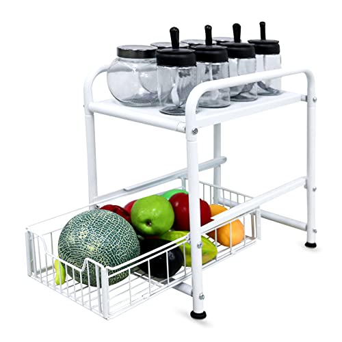 Under Sink Organizers and Storage, Nevfiro 2-Tier Pull Out Sliding Drawer Under Sink Shelf Organizer Metal Cabinet Basket Organizer for Kitchen Bathroom Countertop Laundry