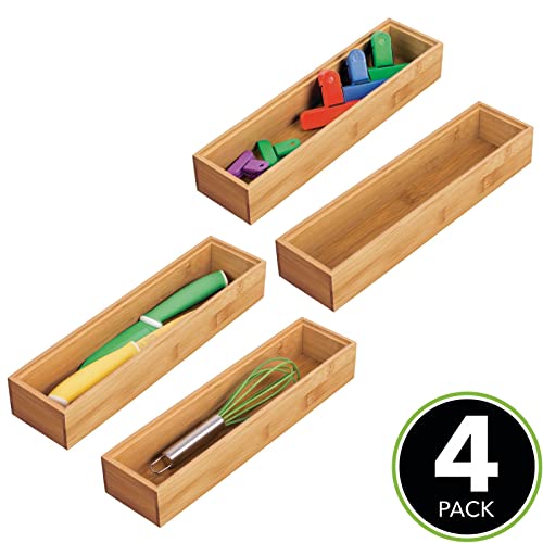 mDesign Slim Wooden Bamboo Drawer Organizer - 12" Long Stackable Storage Box Tray for Kitchen Drawers/Cabinet - Utensil, Silverware, Spatula, Flatware Holder - Echo Collection, 4 Pack, Natural Wood