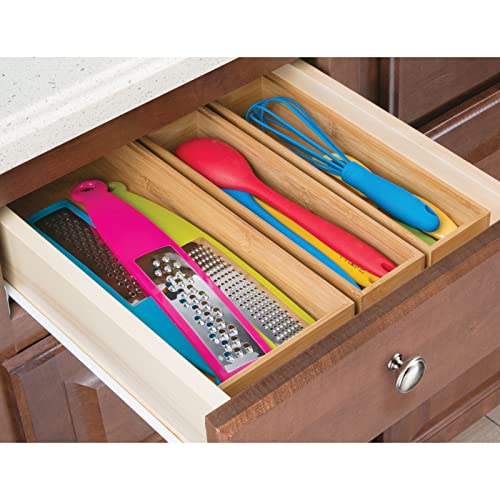 mDesign Slim Wooden Bamboo Drawer Organizer - 12" Long Stackable Storage Box Tray for Kitchen Drawers/Cabinet - Utensil, Silverware, Spatula, Flatware Holder - Echo Collection, 4 Pack, Natural Wood