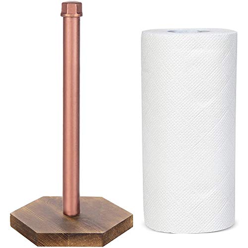 MyGift Industrial Copper Metal Paper Towel Holder with Burnt Wood Base, Countertop Paper Towel Roll Dispenser Stand