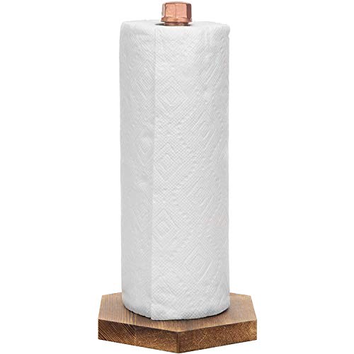 MyGift Industrial Copper Metal Paper Towel Holder with Burnt Wood Base, Countertop Paper Towel Roll Dispenser Stand