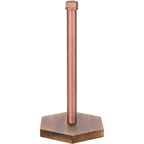 MyGift Industrial Copper Metal Paper Towel Holder with Burnt Wood Base, Countertop Paper Towel Roll Dispenser Stand