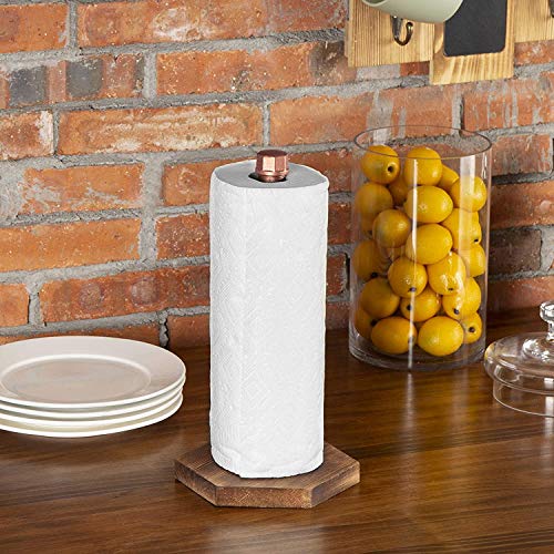 MyGift Industrial Copper Metal Paper Towel Holder with Burnt Wood Base, Countertop Paper Towel Roll Dispenser Stand