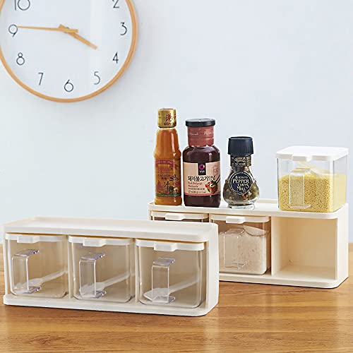 Hedume 2 Pack 3 Grids Clear Seasoning Box with Handle and Spoon, Seasoning Storage Container Rack Combo Set with Removable Cruet Jars for Spice Salt Sugar