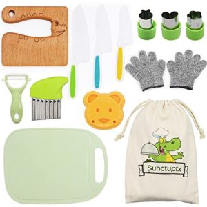 14 pieces wooden kids kitchen knife set with gloves cutting board fruit vegetable crinkle cutters serrated edges plastic toddler knifes for real cooking kid safe knives – crocodile