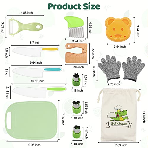 14 Pieces Wooden Kids Kitchen Knife Set with Gloves Cutting Board Fruit Vegetable Crinkle Cutters Serrated Edges Plastic Toddler Knifes for Real Cooking Kid Safe Knives - Crocodile