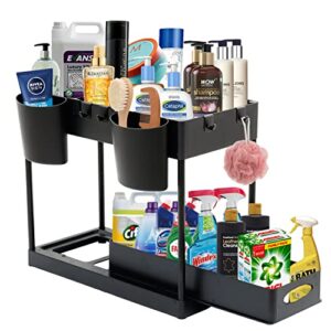 under sink organizers and storage with 4 hooks, 2 hanging cups & dividers under sink cabinet basket storage 2 tier shelf for bathroom and kitchen (black)