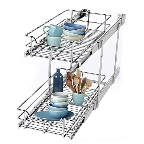 STORKING 2 Tier Wire Basket Pull Out Organizer Shelf Sliding Drawer Storage for Kitchen Base, Double-Tier Heavy Duty Cabinets Chrome-Plating, 21”W x 22”D Cabinet Opening Wire Frame Plating Finish