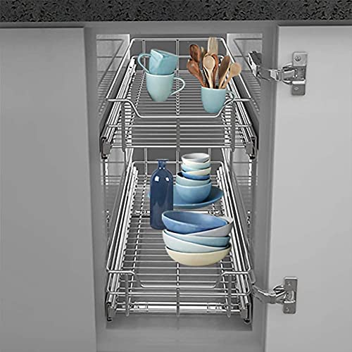 STORKING 2 Tier Wire Basket Pull Out Organizer Shelf Sliding Drawer Storage for Kitchen Base, Double-Tier Heavy Duty Cabinets Chrome-Plating, 21”W x 22”D Cabinet Opening Wire Frame Plating Finish