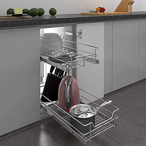 STORKING 2 Tier Wire Basket Pull Out Organizer Shelf Sliding Drawer Storage for Kitchen Base, Double-Tier Heavy Duty Cabinets Chrome-Plating, 21”W x 22”D Cabinet Opening Wire Frame Plating Finish