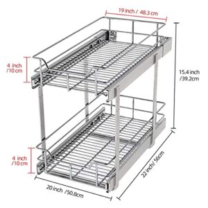 STORKING 2 Tier Wire Basket Pull Out Organizer Shelf Sliding Drawer Storage for Kitchen Base, Double-Tier Heavy Duty Cabinets Chrome-Plating, 21”W x 22”D Cabinet Opening Wire Frame Plating Finish