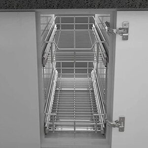 STORKING 2 Tier Wire Basket Pull Out Organizer Shelf Sliding Drawer Storage for Kitchen Base, Double-Tier Heavy Duty Cabinets Chrome-Plating, 21”W x 22”D Cabinet Opening Wire Frame Plating Finish