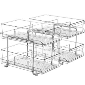 2 set 2 tier clear organizers and storage with dividers, pull out under sink organizer, multi-purpose drawer basket, kitchen bathroom countertop vanity pantry, medicine cabinet storage bins