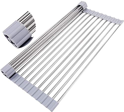 EC ELEGANTCHARM Roll Up Dish Drying Rack Extra Large (20.5" x 16") Multipurpose Folding Drainer Stainless Steel Silicone Coated Rims Rinsing Dish Rack