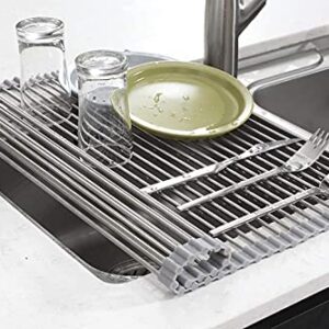 EC ELEGANTCHARM Roll Up Dish Drying Rack Extra Large (20.5" x 16") Multipurpose Folding Drainer Stainless Steel Silicone Coated Rims Rinsing Dish Rack