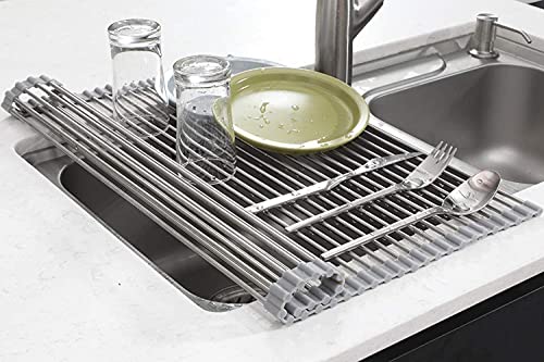 EC ELEGANTCHARM Roll Up Dish Drying Rack Extra Large (20.5" x 16") Multipurpose Folding Drainer Stainless Steel Silicone Coated Rims Rinsing Dish Rack