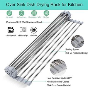 EC ELEGANTCHARM Roll Up Dish Drying Rack Extra Large (20.5" x 16") Multipurpose Folding Drainer Stainless Steel Silicone Coated Rims Rinsing Dish Rack