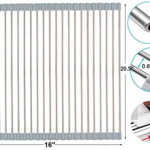 EC ELEGANTCHARM Roll Up Dish Drying Rack Extra Large (20.5" x 16") Multipurpose Folding Drainer Stainless Steel Silicone Coated Rims Rinsing Dish Rack