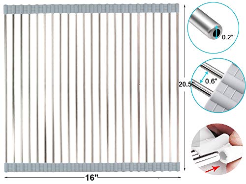 EC ELEGANTCHARM Roll Up Dish Drying Rack Extra Large (20.5" x 16") Multipurpose Folding Drainer Stainless Steel Silicone Coated Rims Rinsing Dish Rack